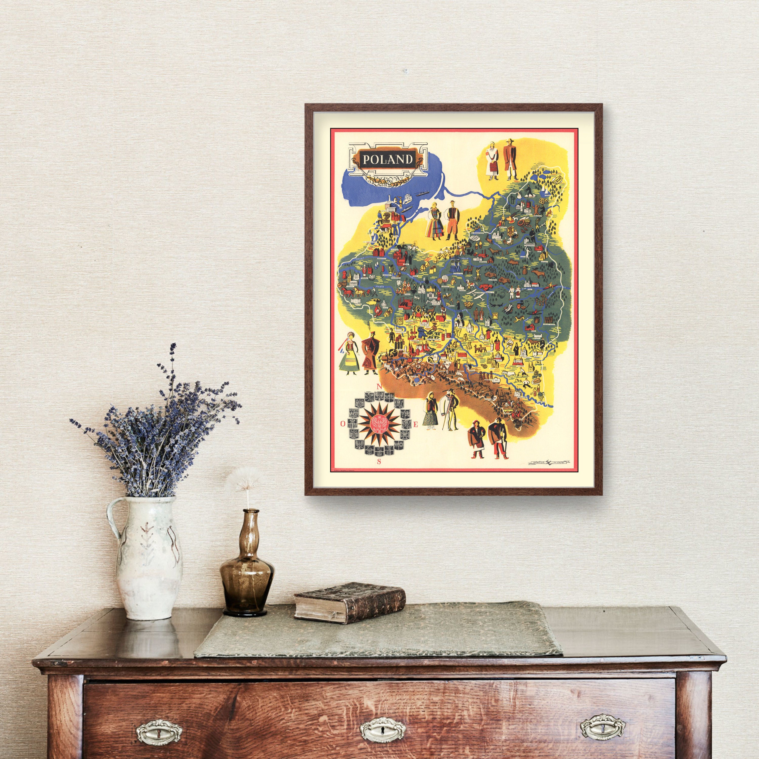 Poland Map Art - Vintage Print From 1935 - Old Poland Art - Framed or ...