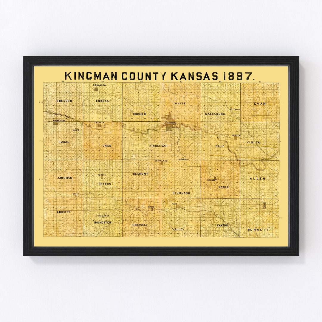 Kingman County Map 1887, Vintage Kingman County Map, Old Kingman County ...