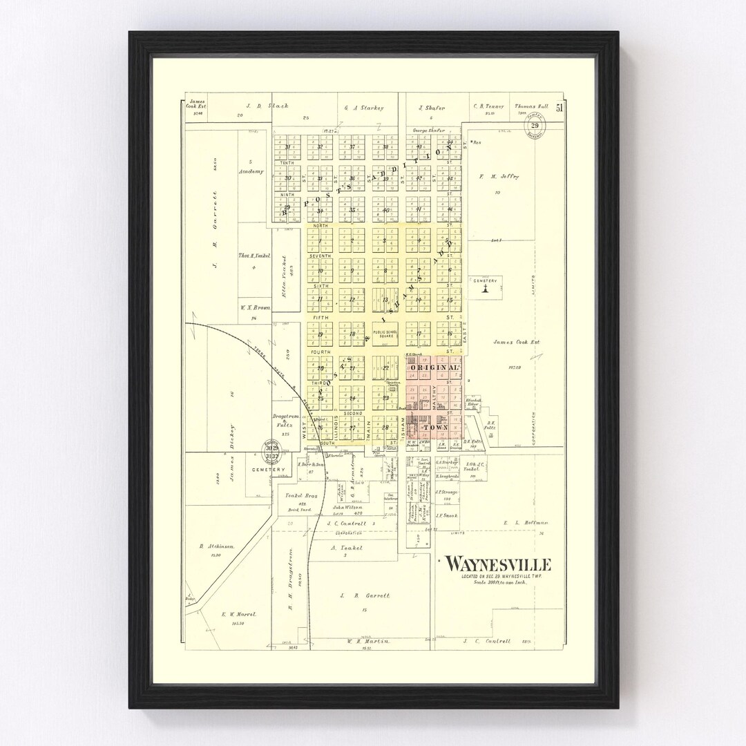 Waynesville Map 1894, Vintage Waynesville Map, Old Waynesville Illinois ...