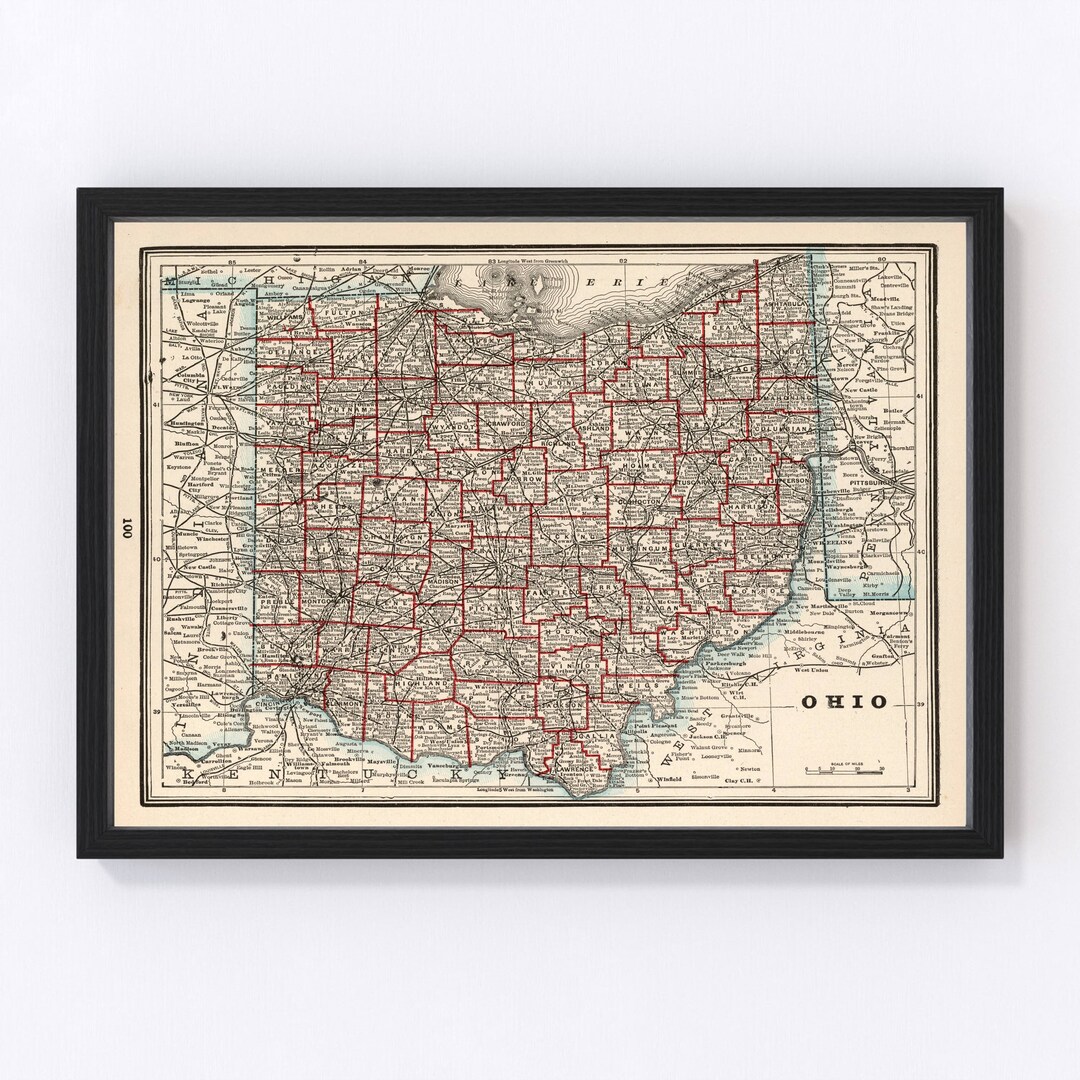 Ohio Map 1893 - Old Map of Ohio Art Vintage Print Framed Wall Art ...