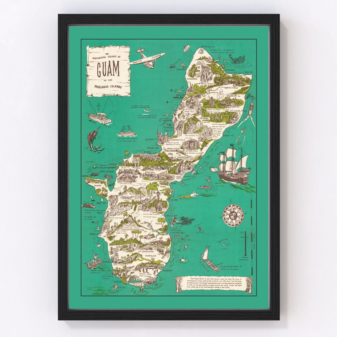 Guam Map 1958 Old Map of Guam Art Vintage Print Framed Wall Art Canvas ...