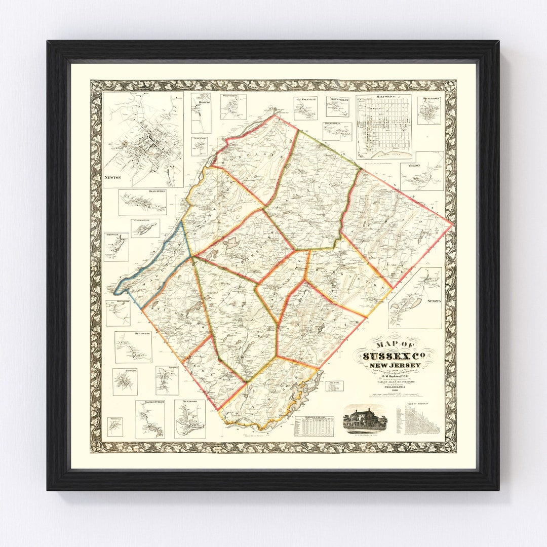 Sussex County New Jersey Map 1860 Old Map Of Sussex County New Jersey Art Vintage Print Framed