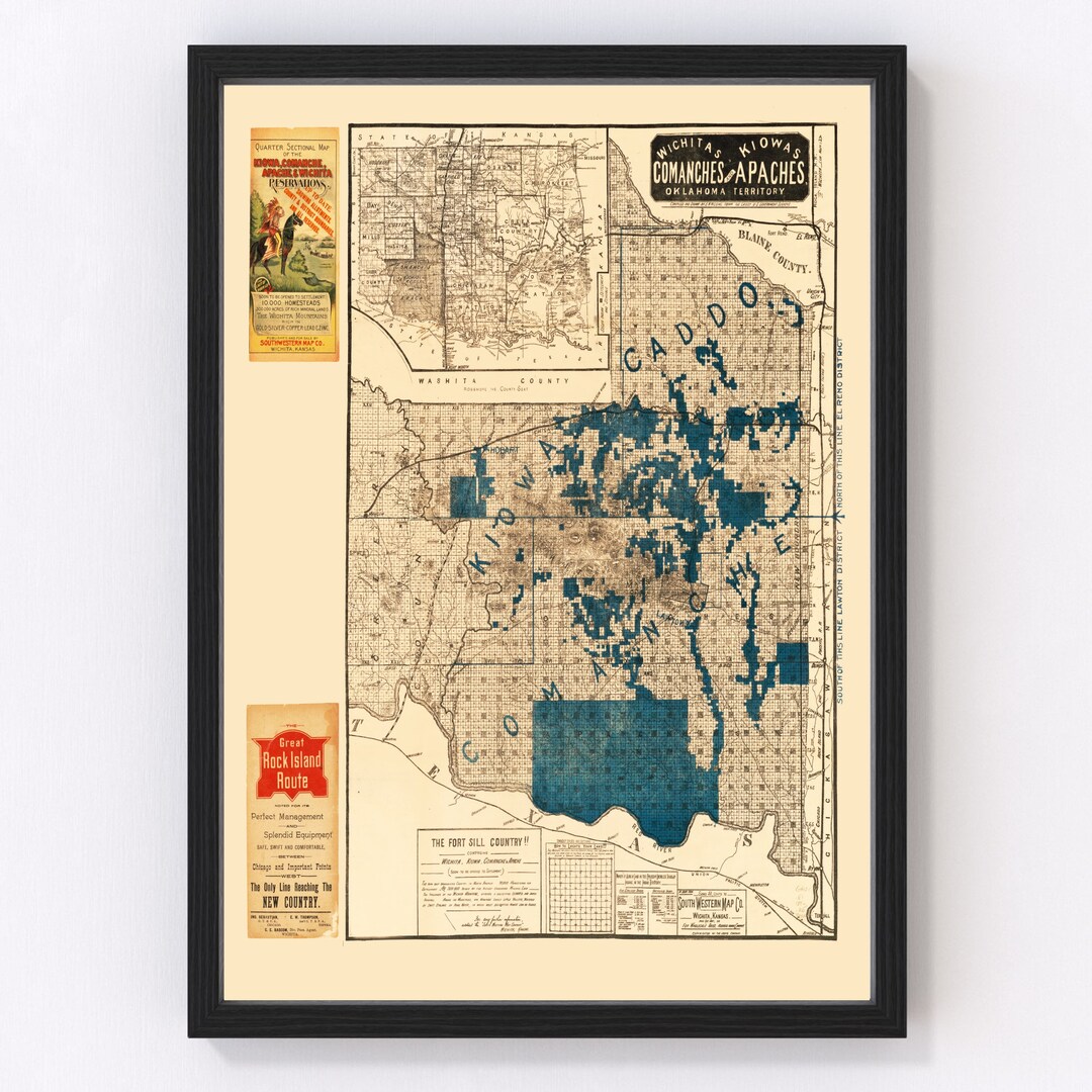 Oklahoma Map 1890 Old Map of Oklahoma Art Vintage Print Framed Wall Art ...