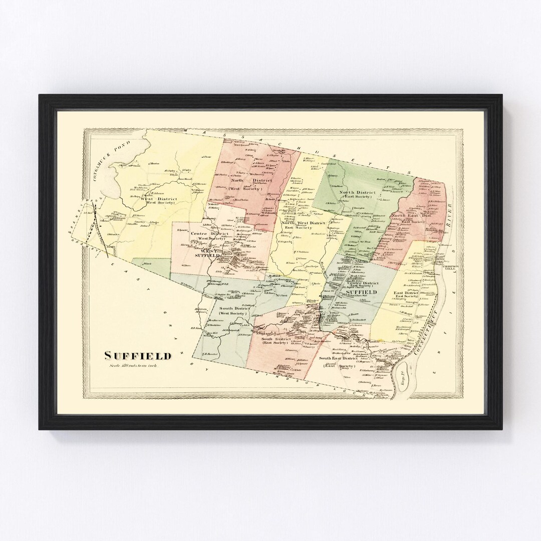 Suffield Map 1869, Vintage Suffield Map, Old Suffield Connecticut Art ...