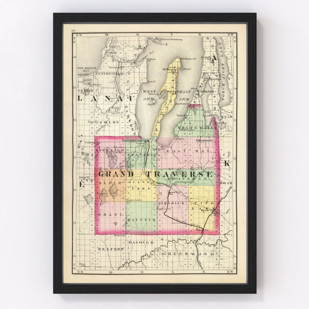 Grand Traverse County Map 1873, Vintage Grand Traverse County Map, Old ...