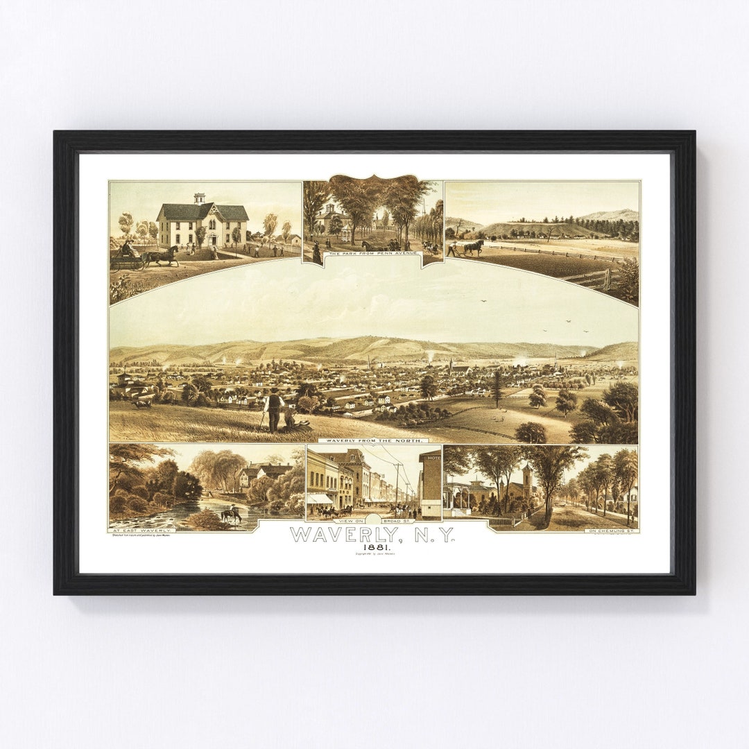 Waverly Map 1881 Old Map of Waverly New York Art Vintage Print Framed ...