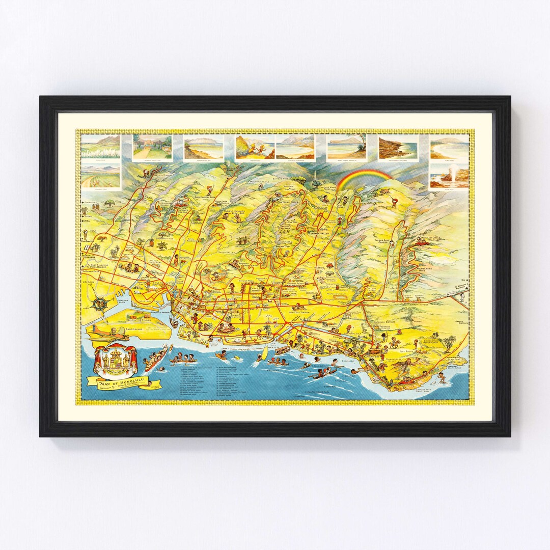 Honolulu Map 1948 Old Map of Honolulu Hawaii Art Vintage Print Framed ...