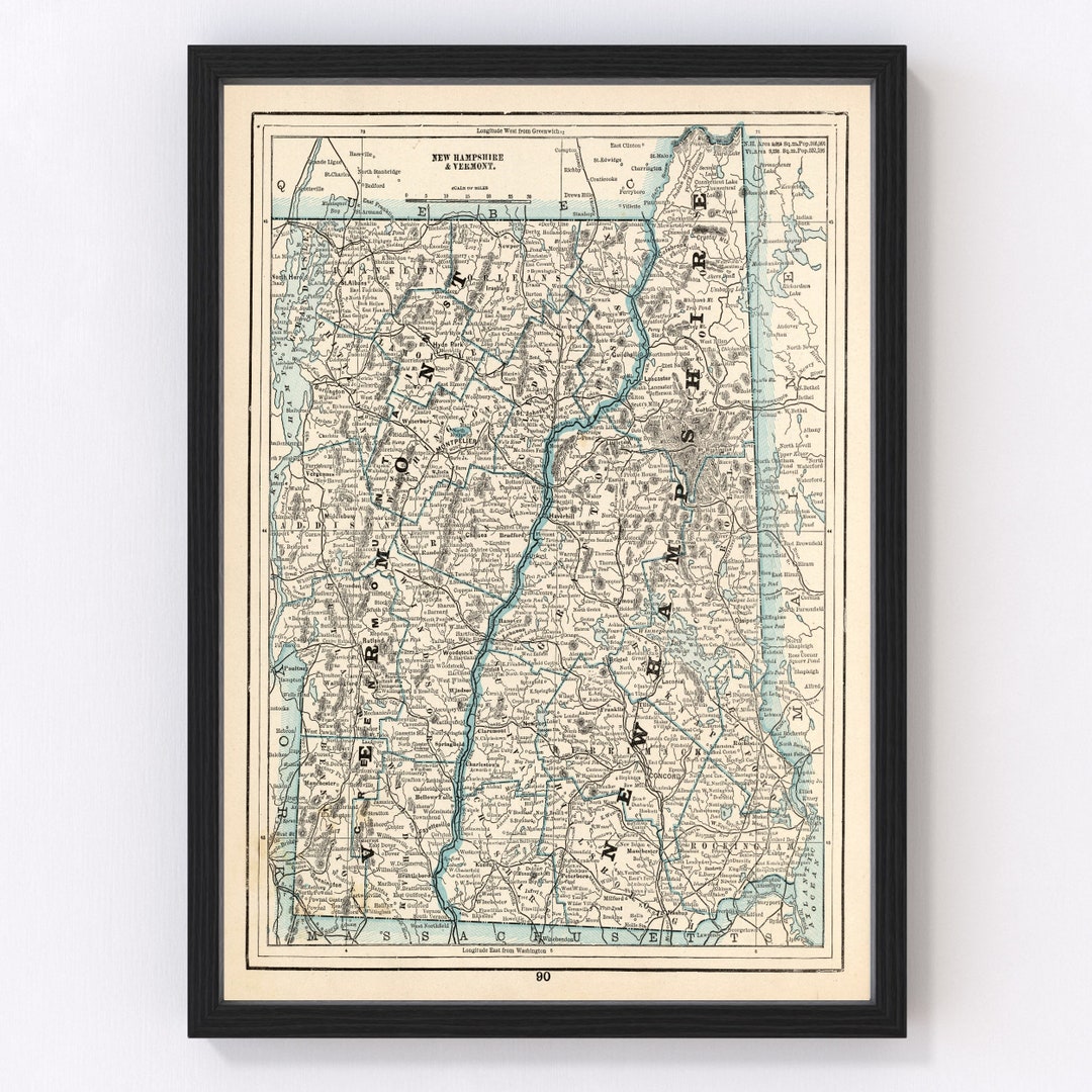 New Hampshire, Vermont Map 1893 - Old Map of New Hampshire, Vermont Art ...