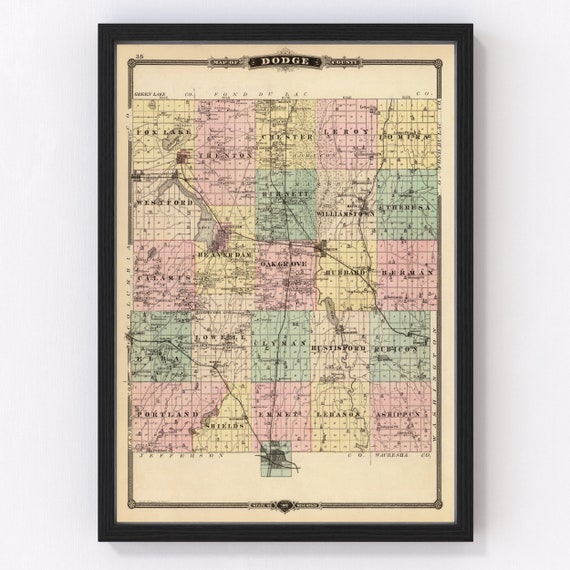 Dodge County WI Map 1878 Old Map of Juneau Wisconsin Art - Etsy