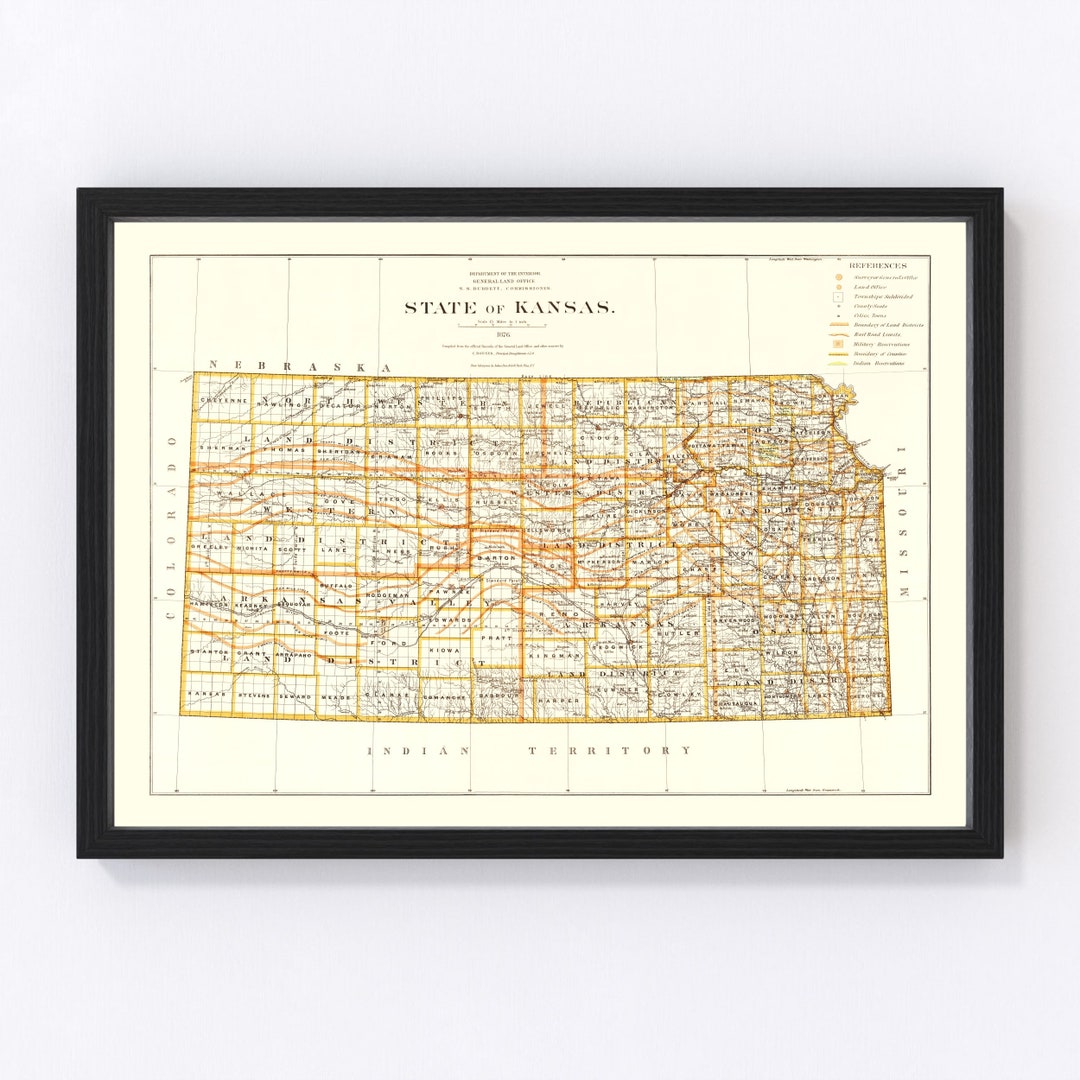 Kansas Map 1876, Vintage Kansas Map, Old Kansas Art, Wall Art Gift for ...