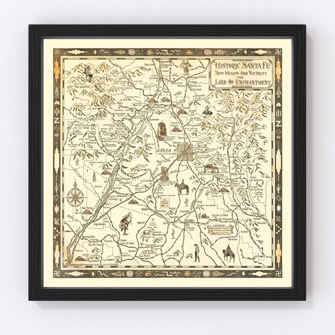 Santa Fe Map 1932 - Old Map of Santa Fe New Mexico Art Vintage Print ...