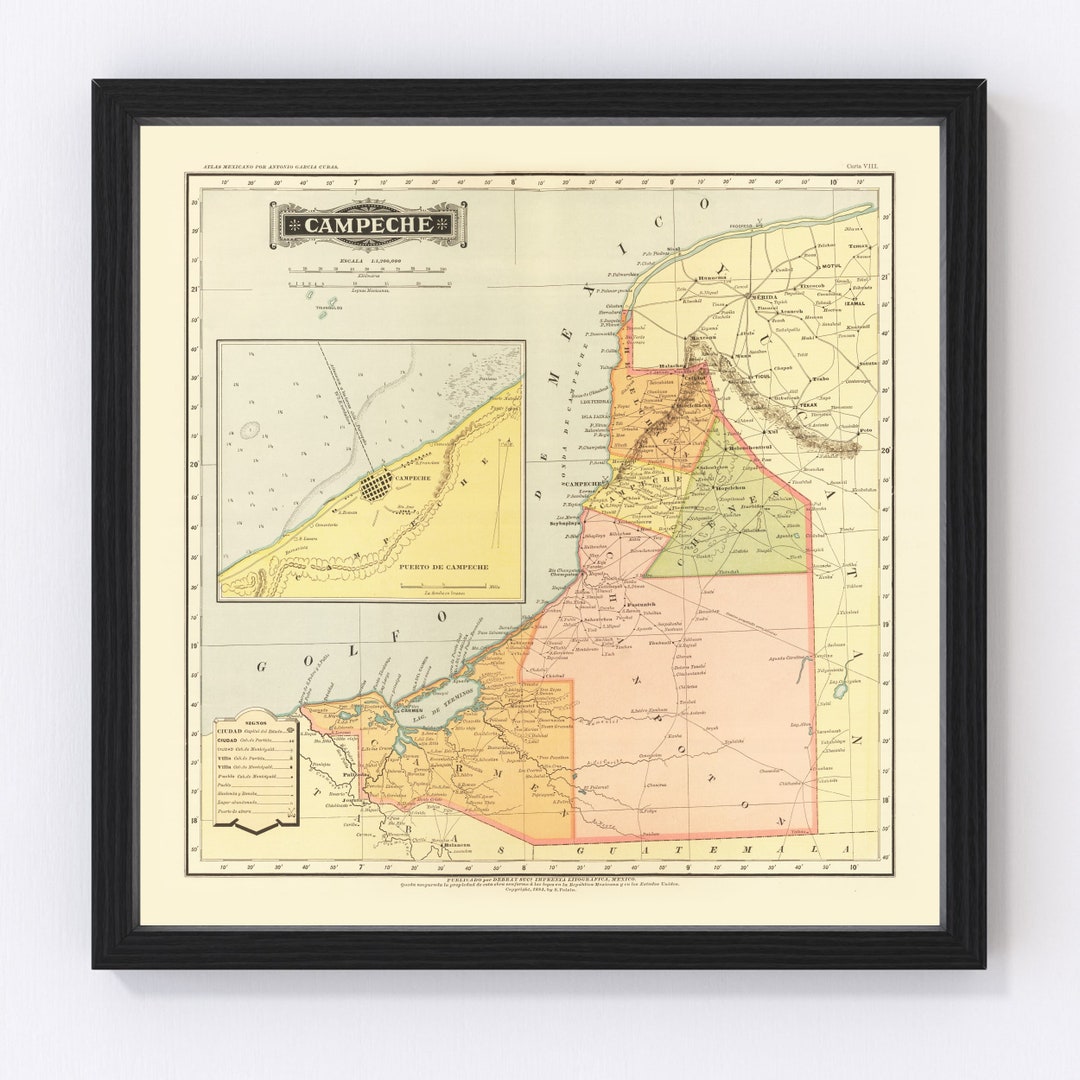 Campeche Mexico Map 1886 Old Map of Campeche Mexico Mexico Art Vintage ...