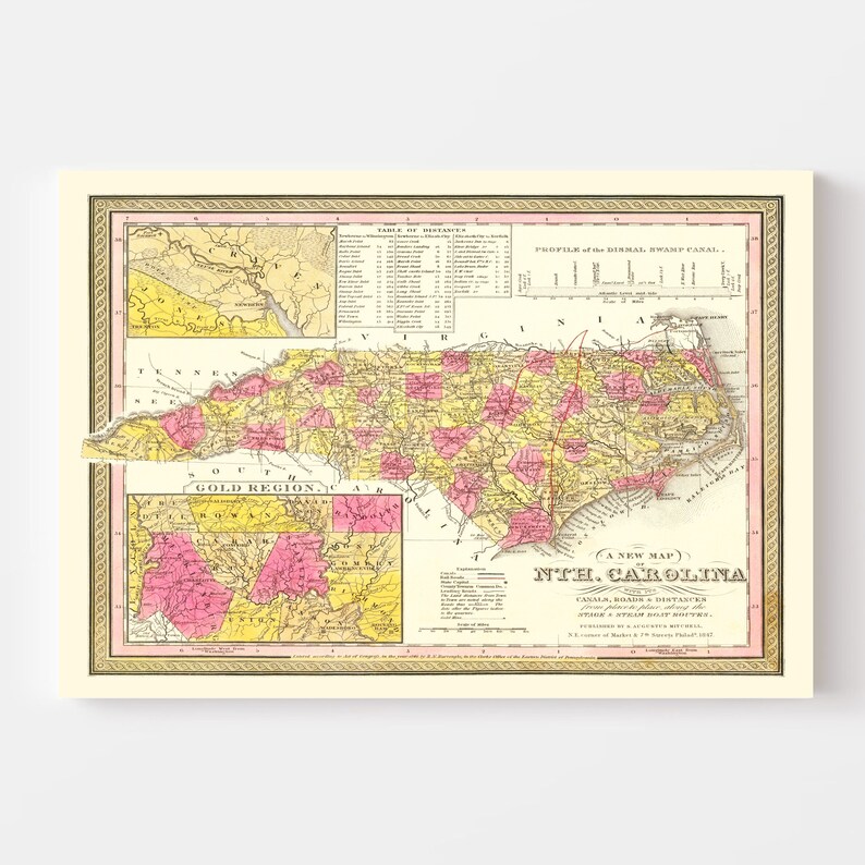 North Carolina Map 1847 Old Map of North Carolina Art - Etsy