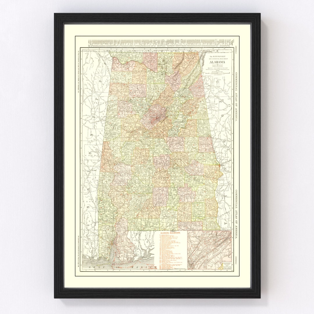 Alabama Map 1917 Old Map of Alabama Art Vintage Print Framed Wall Art ...