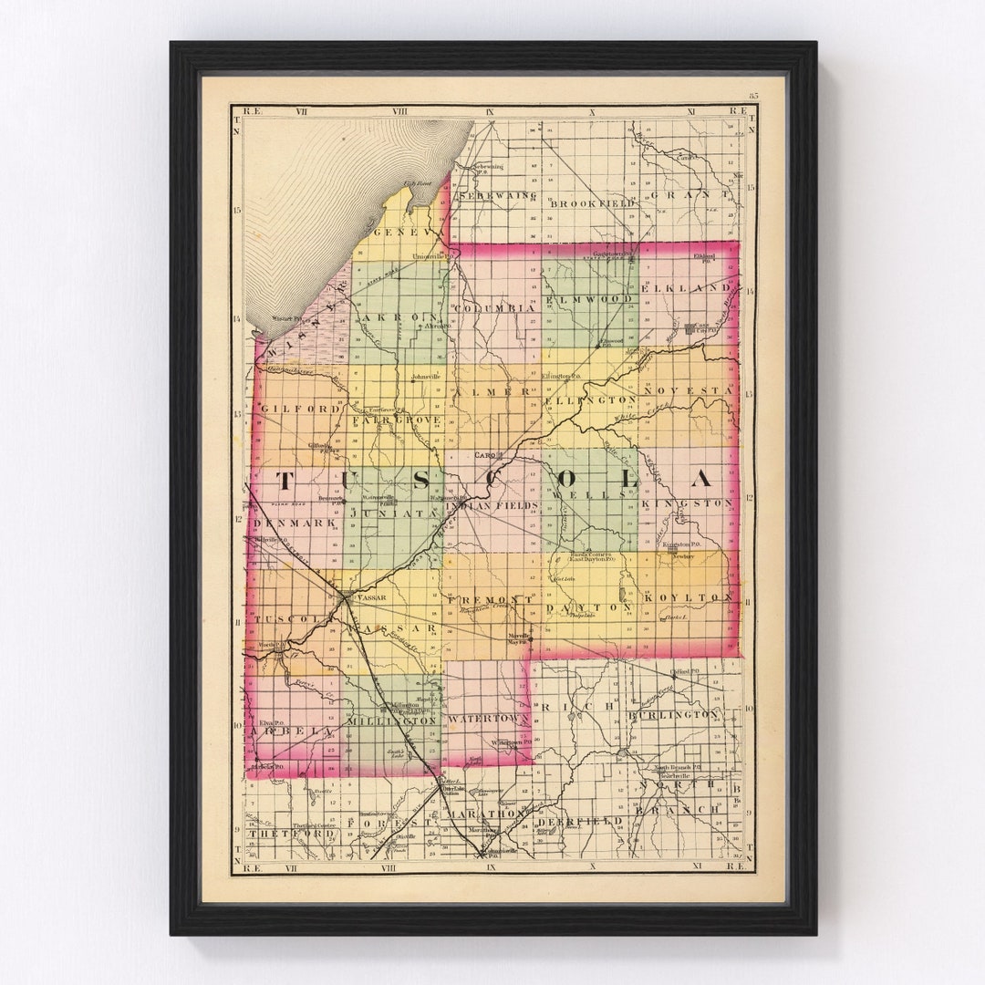 Tuscola County MI Map 1873 Old Map of Caro Michigan Art Vintage Print ...