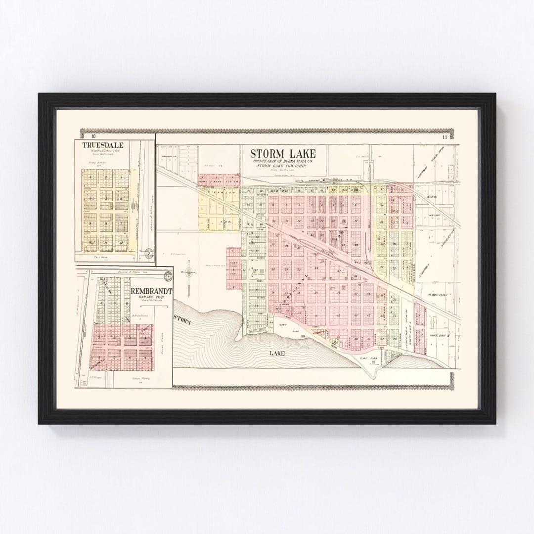 Storm Lake Map 1908 Old Map of Storm Lake Iowa Art Vintage Print Framed ...