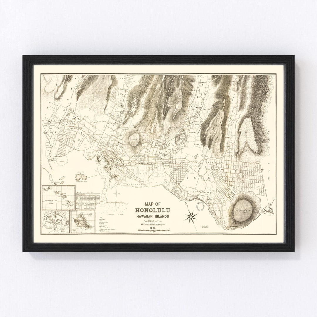 Honolulu Map 1901 Old Map of Honolulu Hawaii Art Vintage Print Framed ...