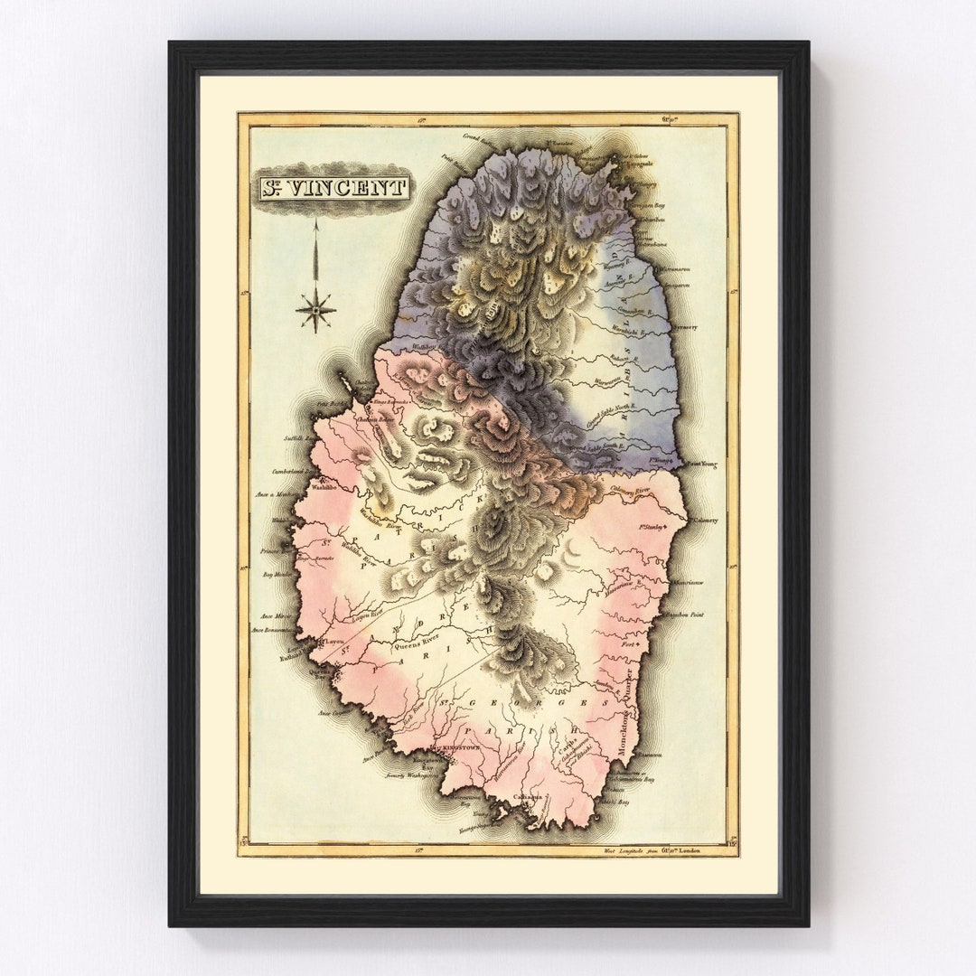 St Vincent Map 1823 Old Map of Saint Vincent Art Print Framed Wall Art ...