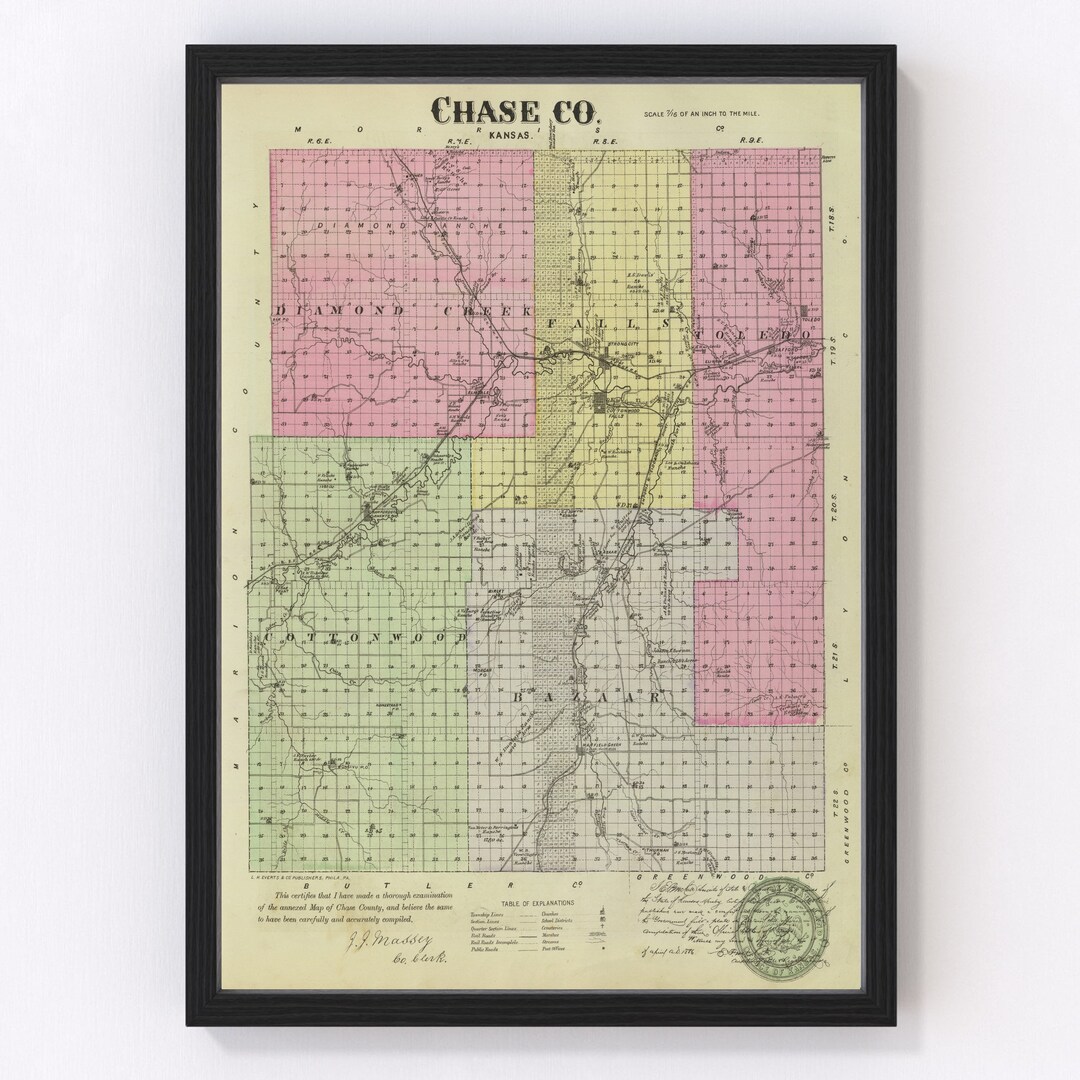 Chase County Map 1887, Vintage Chase County Map, Old Chase County ...