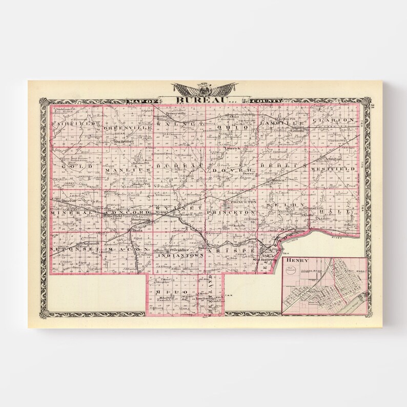 Bureau County Map 1876, Vintage Bureau County Map, Old Bureau County ...