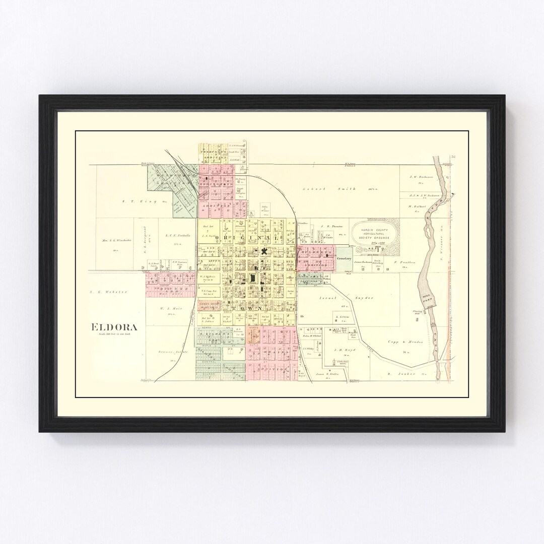 Eldora Map 1892, Vintage Eldora Map, Old Eldora Iowa Art, Wall Art Gift ...