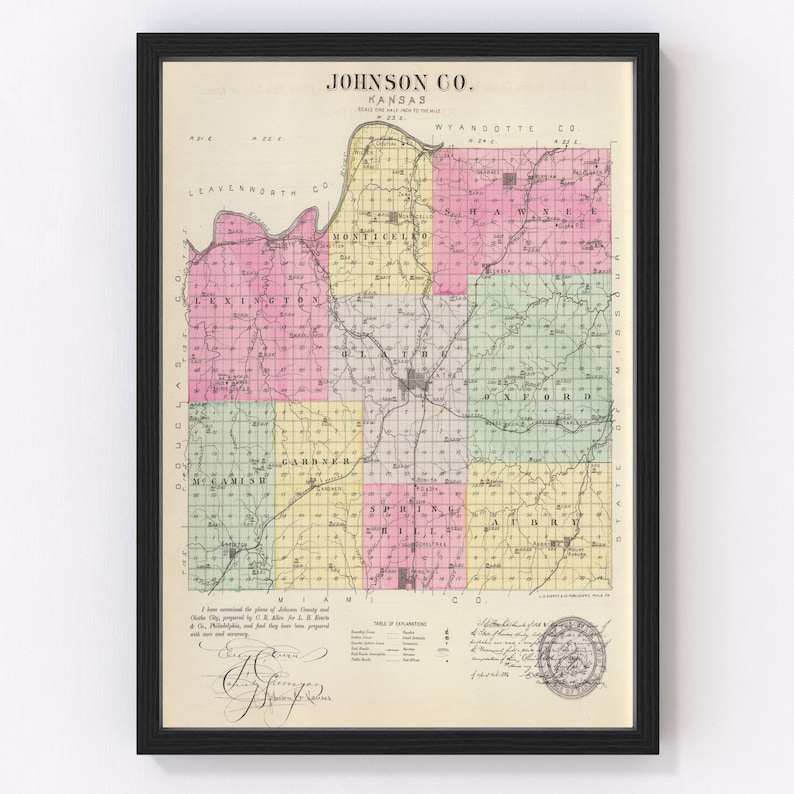 Johnson County KS Map 1887 Old Map of Olathe Kansas Art - Etsy