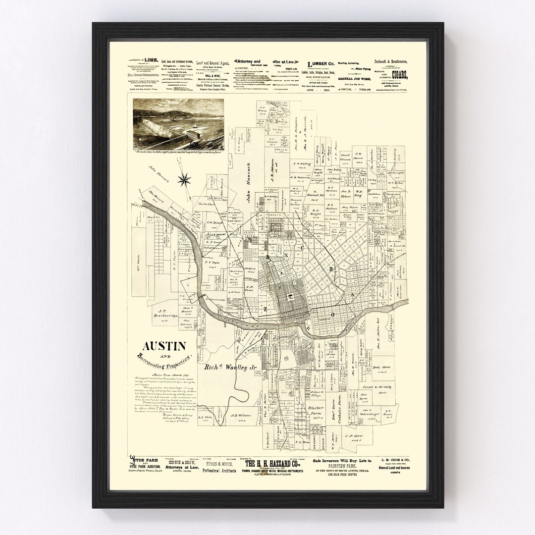 Austin Map 1891 - Old Map of Austin Texas Art Vintage Print Framed ...