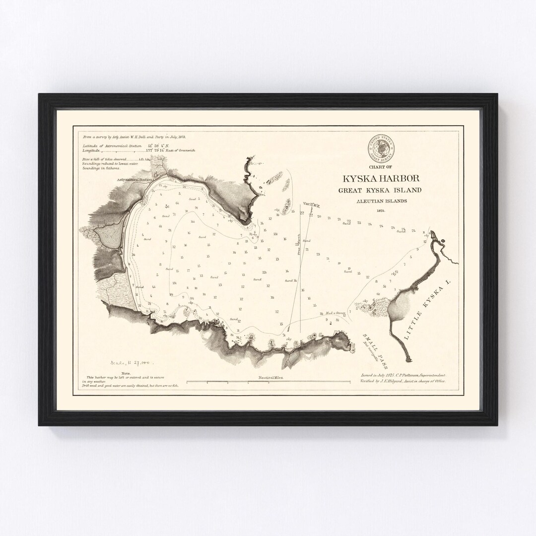Kyska Harbor Map 1875, Vintage Kyska Harbor Map, Old Kyska Harbor Art ...