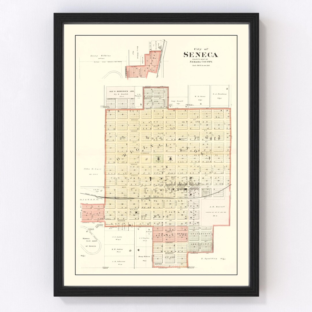 Seneca Map 1887, Vintage Seneca Map, Old Seneca Kansas Art, Wall Art ...