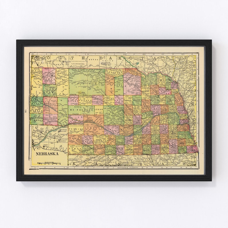 Nebraska Map 1909, Vintage Nebraska Map, Old Nebraska Art, Wall Art ...