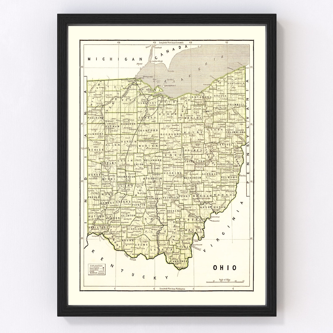 Ohio Map 1845 Old Map of Ohio Art Vintage Print Framed Wall Art Canvas ...
