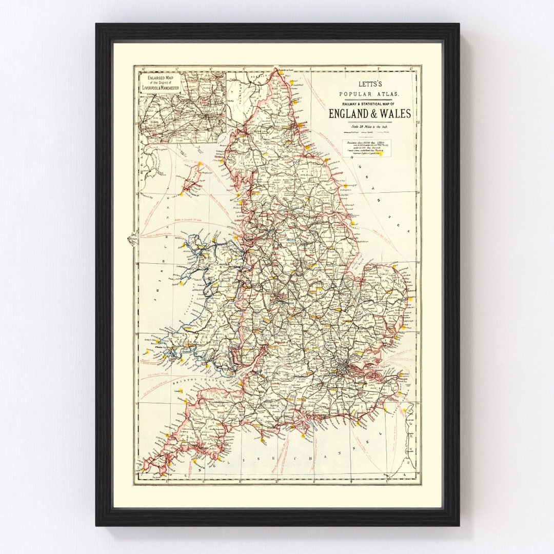 England Map 1883, Vintage England Map, Old England Art, Wall Art Gift ...