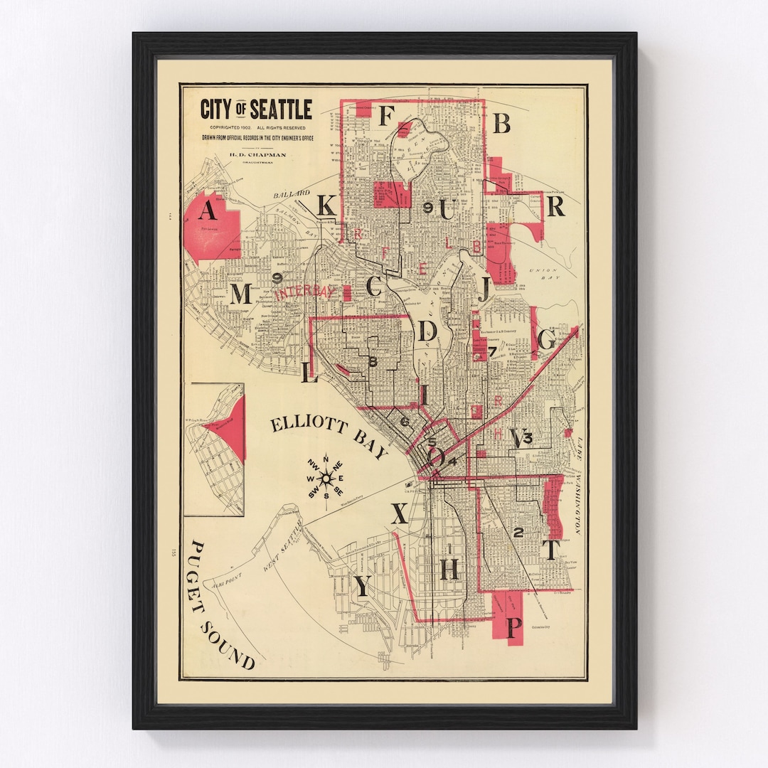 Seattle Map 1909, Vintage Seattle Map, Old Seattle Washington Art, Wall ...