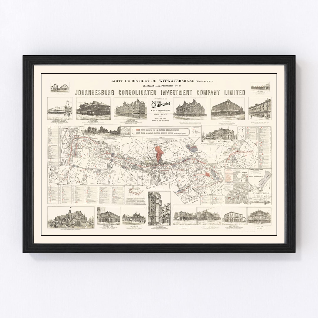 Johannesburg Map 1902, Vintage Johannesburg Map, Old Johannesburg Art ...