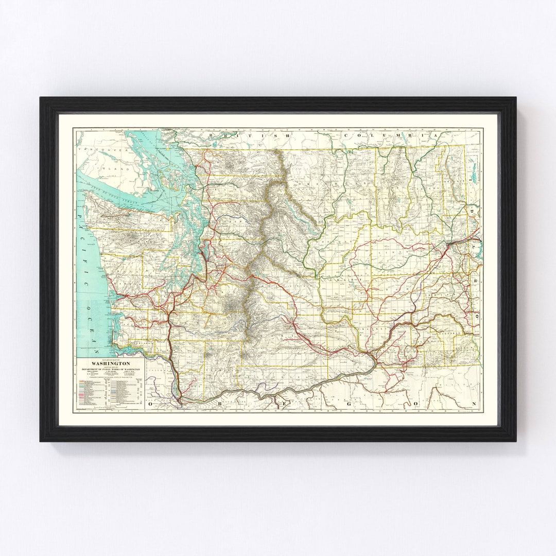 Washington Map 1928, Vintage Washington Map, Old Washington Art, Wall ...