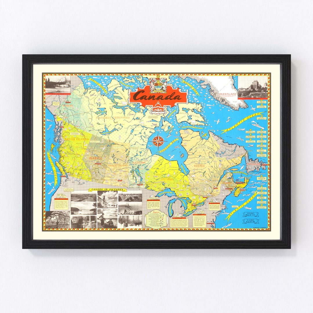 Canada Map 1945 Old Map of Canada Art Print Framed Wall Art Vintage ...