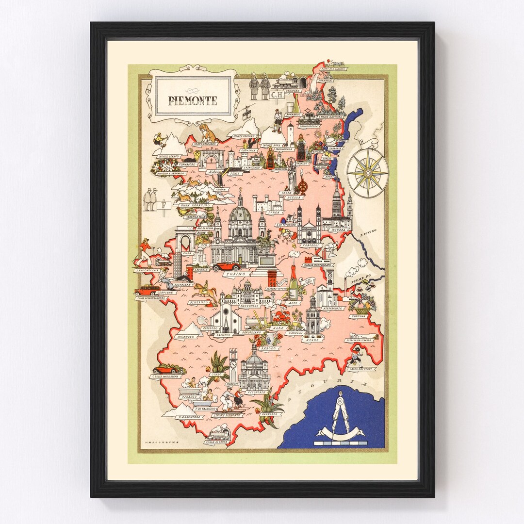 Piemonte Italy Map 1938 Old Map of Piemonte Italy Italy Art Vintage ...