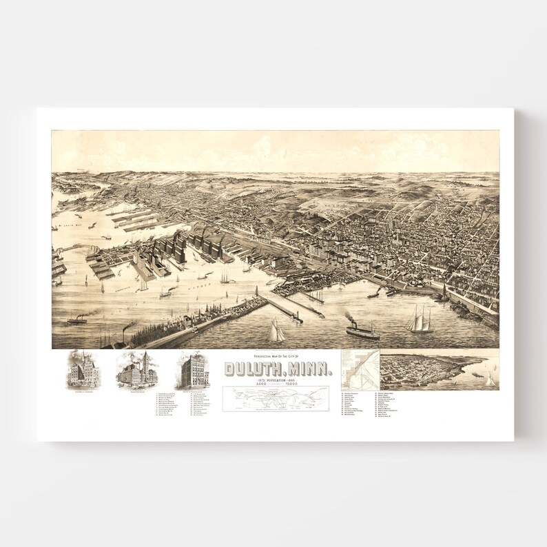 Duluth Map 1893 - Old Map of Duluth Minnesota Art Vintage Print Framed ...