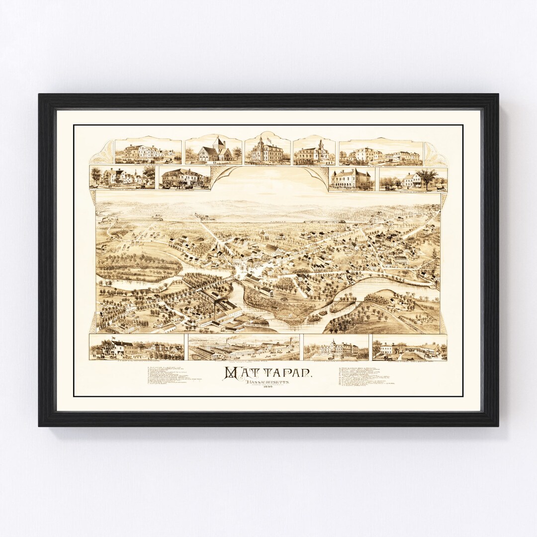 Mattapan Map 1890 Old Map of Mattapan Massachusetts Art Vintage Print Framed Canvas Birds Eye ...