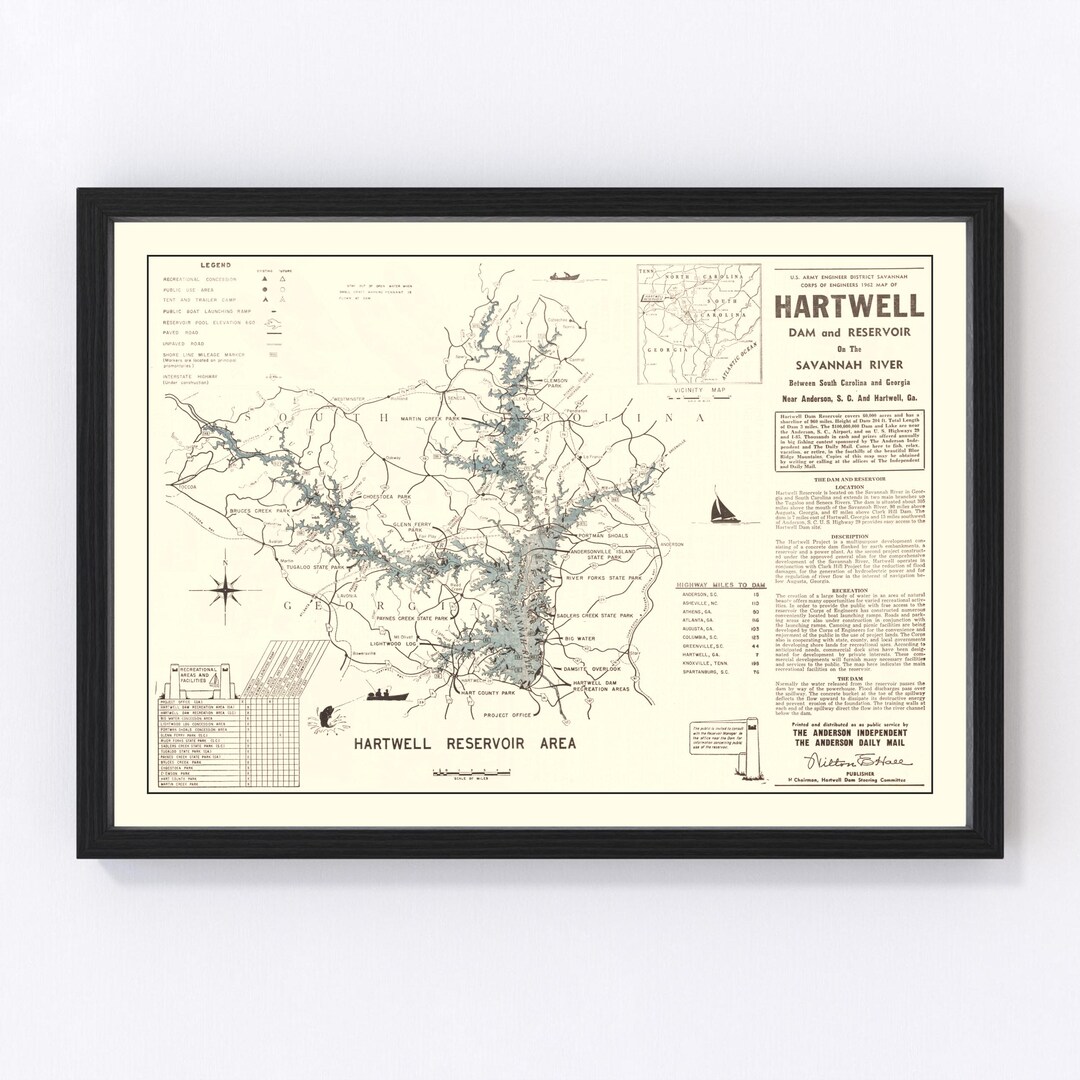 Hartwell Dam Map 1964, Vintage Hartwell Dam Map, Old Hartwell Dam Art ...