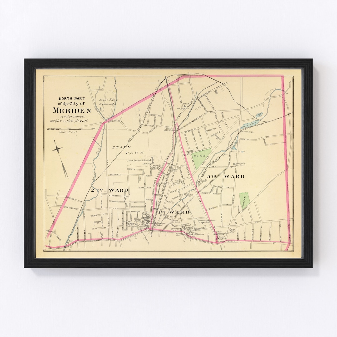 Meriden Map 1893, Vintage Meriden Map, Old Meriden Connecticut Art ...