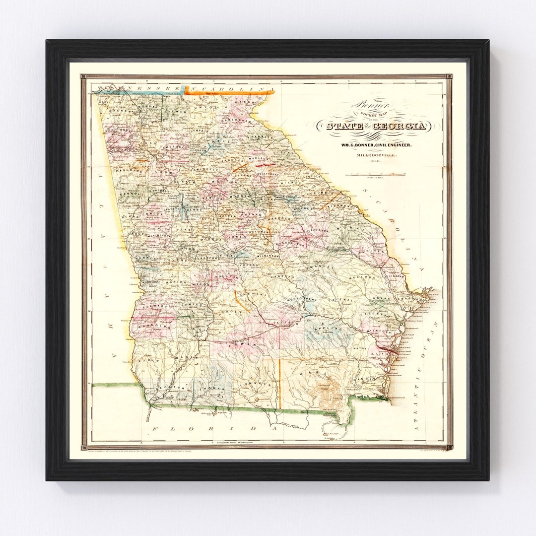 Georgia Map 1848 Old Map of Georgia Art Vintage Print Framed Wall Art ...