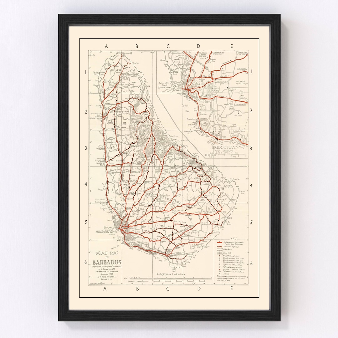 Barbados Map 1956, Vintage Barbados Map, Old Barbados Art, Wall Art ...