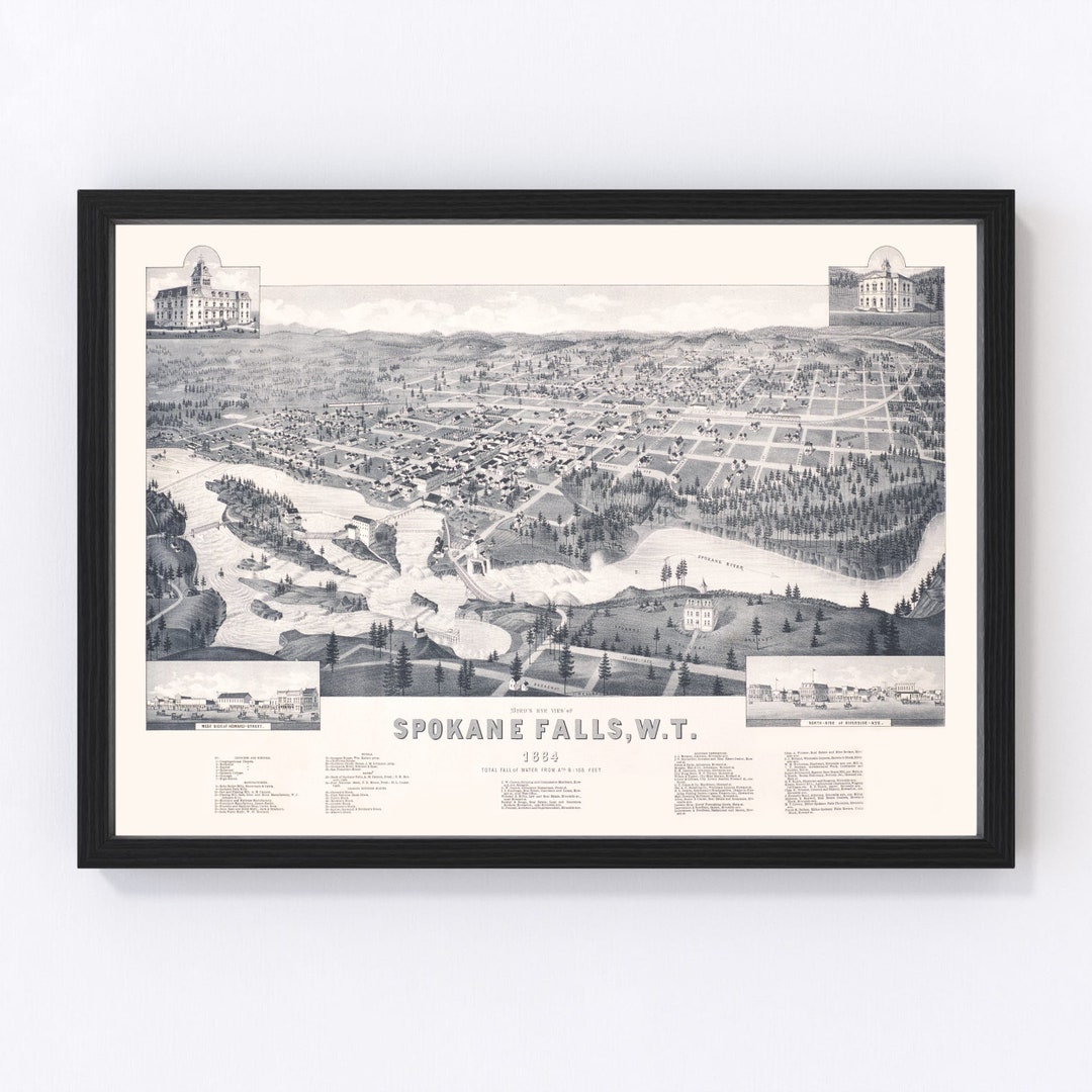 Spokane Falls Map 1884, Vintage Spokane Falls Map, Old Spokane Falls ...