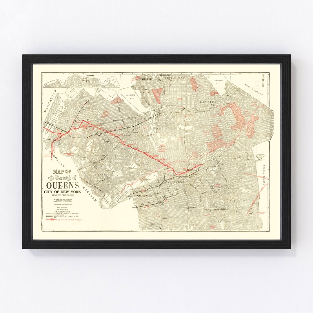 Queens Map 1937 Old Map of Queens New York Art Vintage Print Framed ...