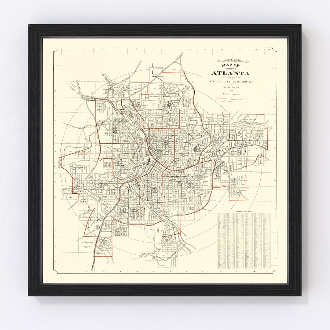 Atlanta Map 1912 - Old Map of Atlanta Georgia Art Vintage Print Framed ...