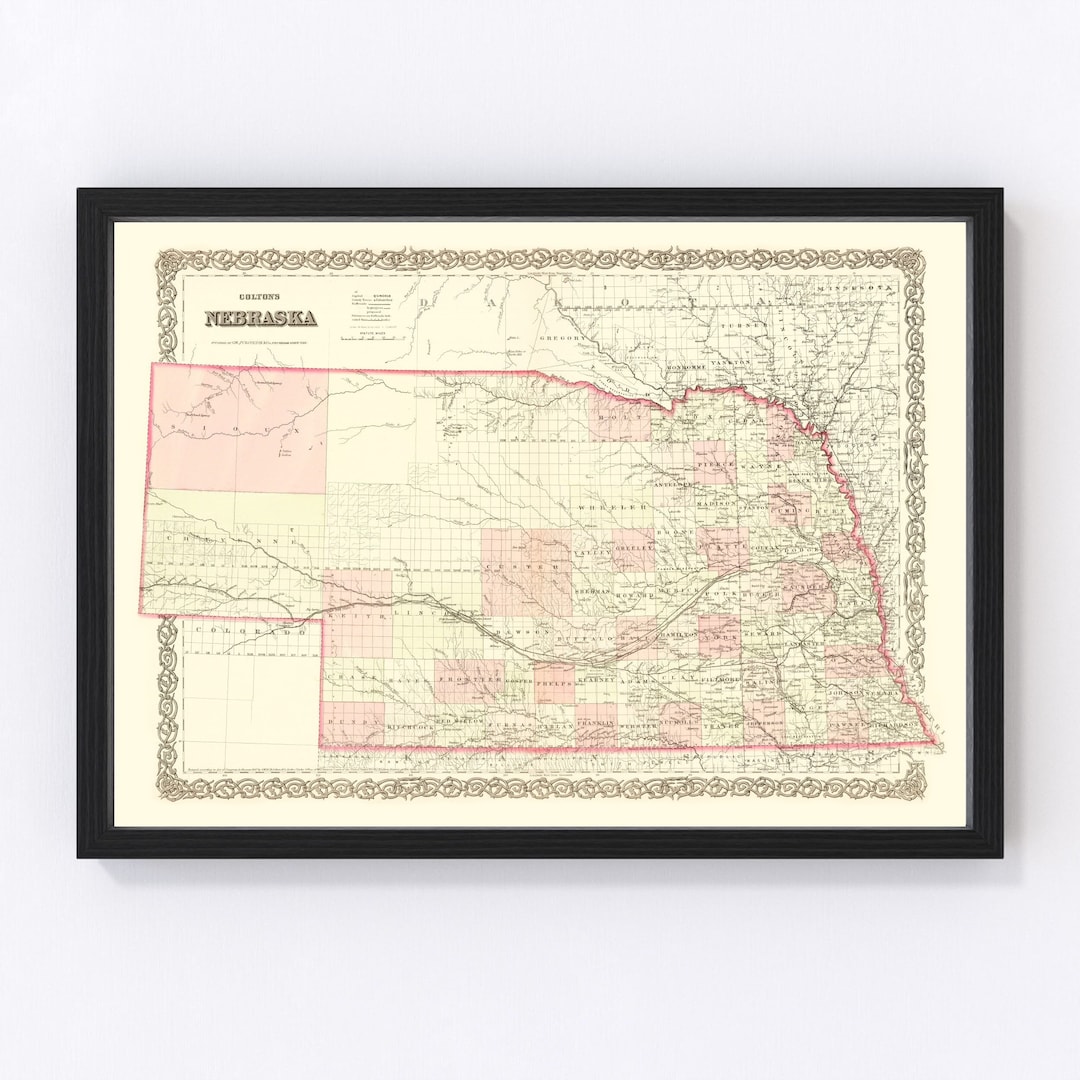 Nebraska Map 1867 Old Map of Nebraska Art Vintage Print Framed Wall Art ...