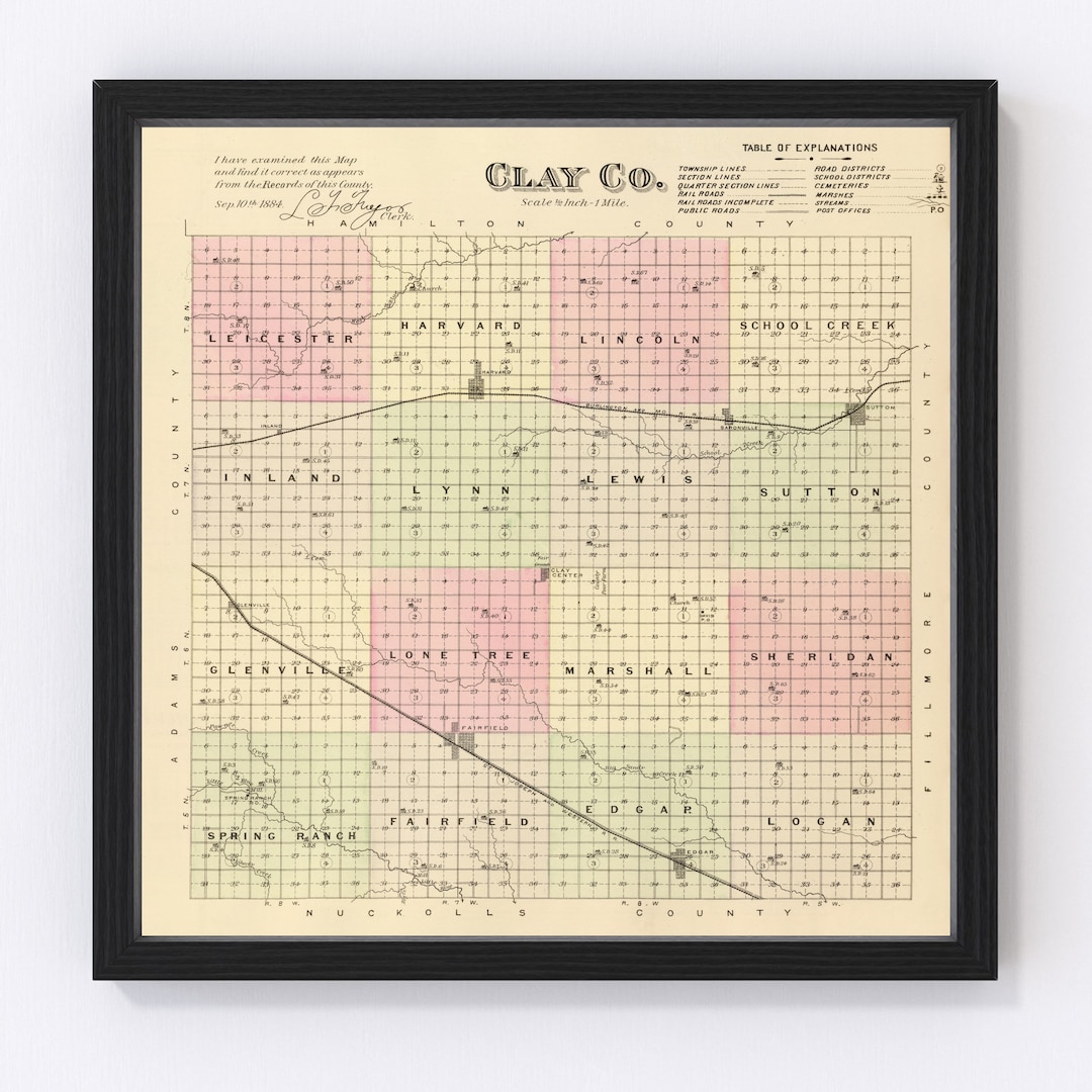 Clay County NE Map 1885 Old Map of Clay Center Nebraska Art Vintage ...