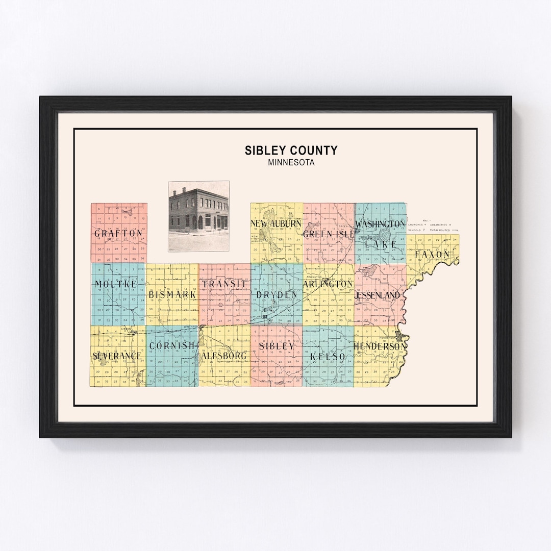 Sibley County MN Map 1907 Old Map of Minnesota Art Vintage Print Framed ...