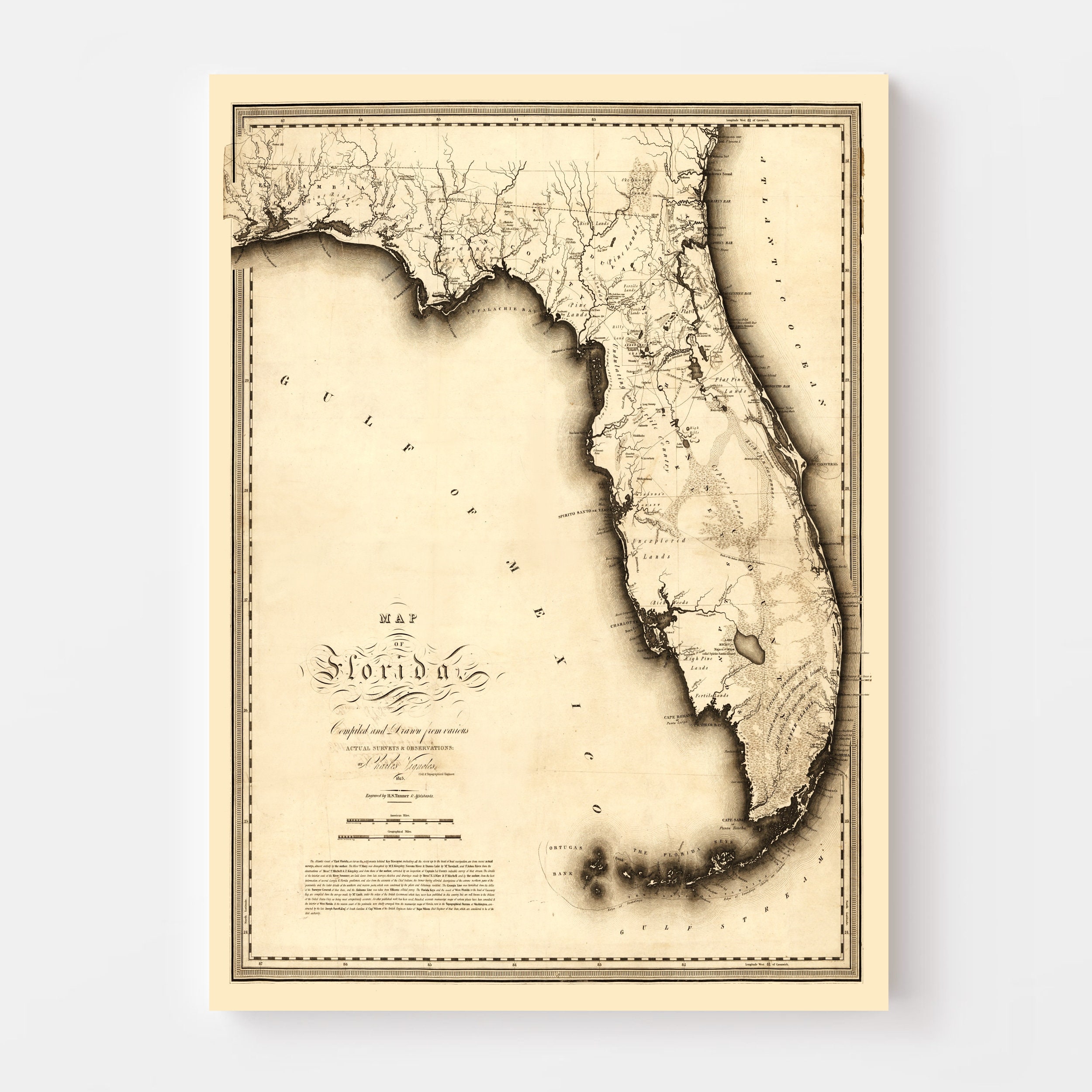 Florida Map 1823 Old Map of Florida Art Vintage Print Framed - Etsy